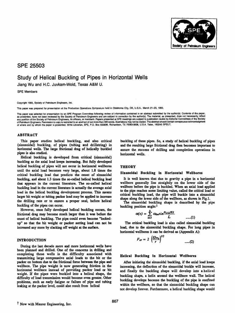 SPE-025503 Study of Helical Buckling of Pipes in Horizontal Wells | PDF