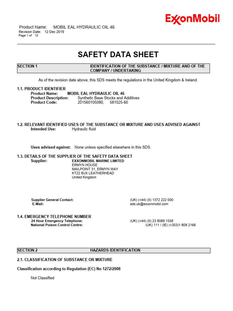 Mobil EAL Hydraulic Oil 46 (ENG) MSDS | PDF