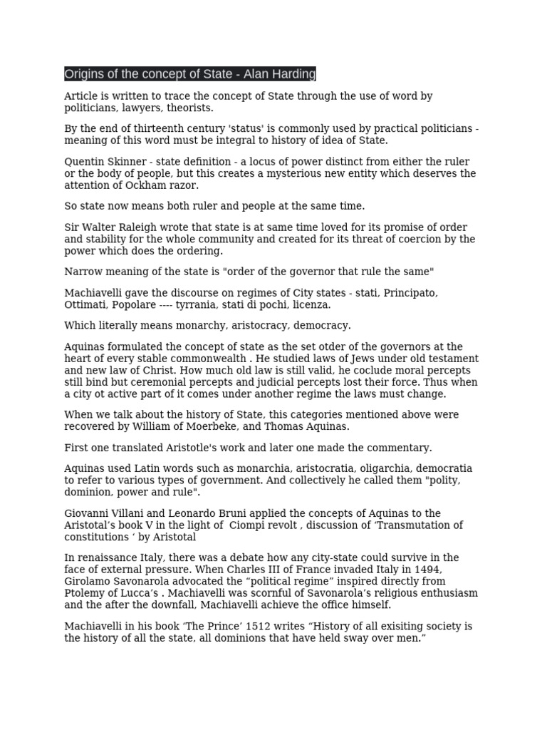 01 Origins of The Concept of State - Alan Harding - Notes | PDF