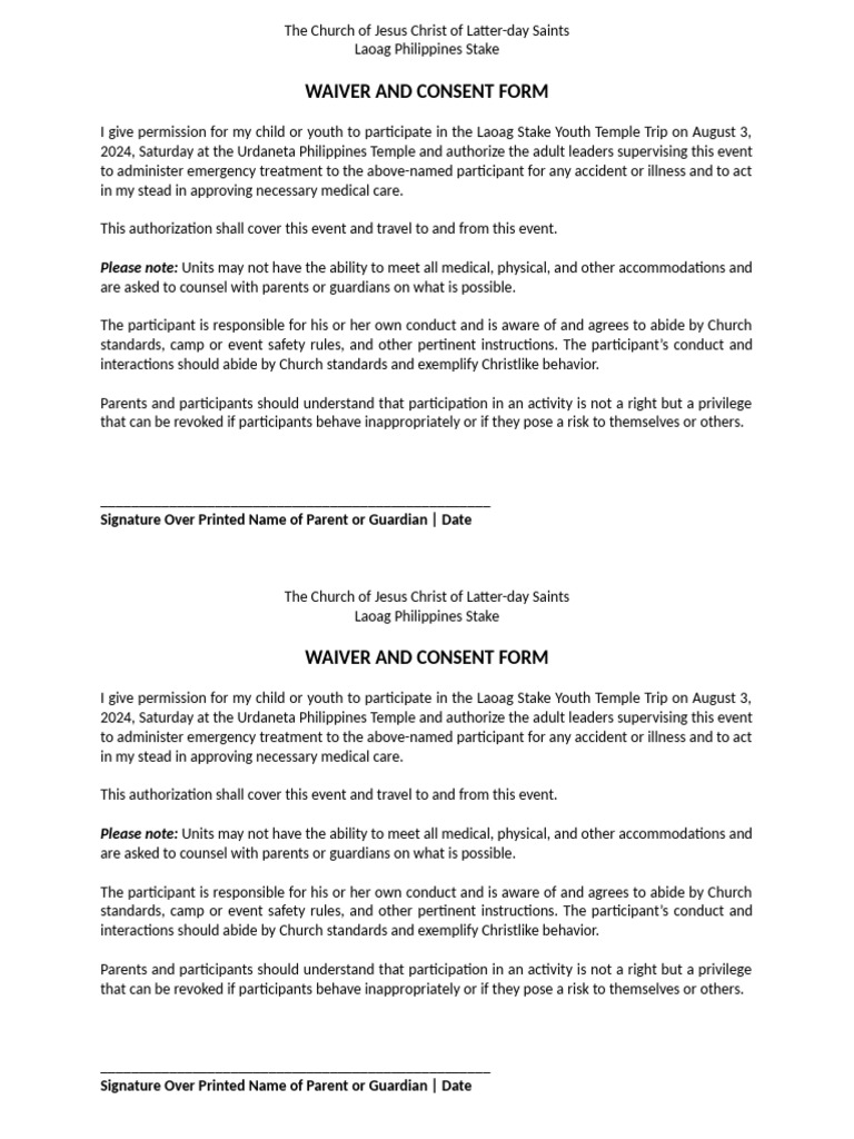 LDS Youth Temple Trip Consent Form | PDF