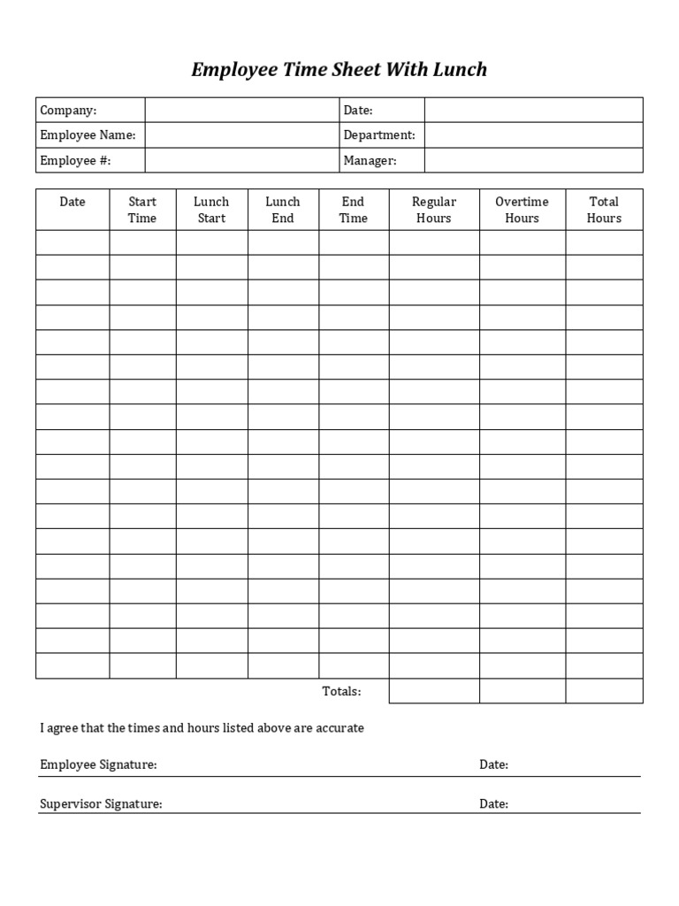 Free Timesheet Time Card With Lunch Template1 | PDF