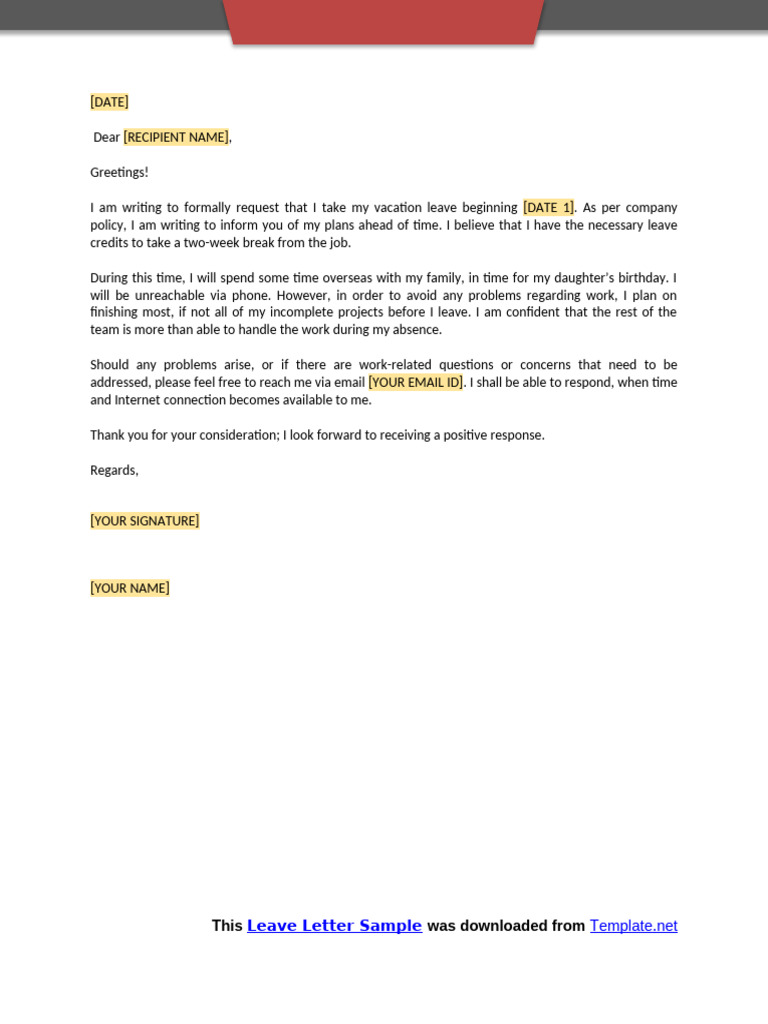 Leave Letter Sample US | PDF