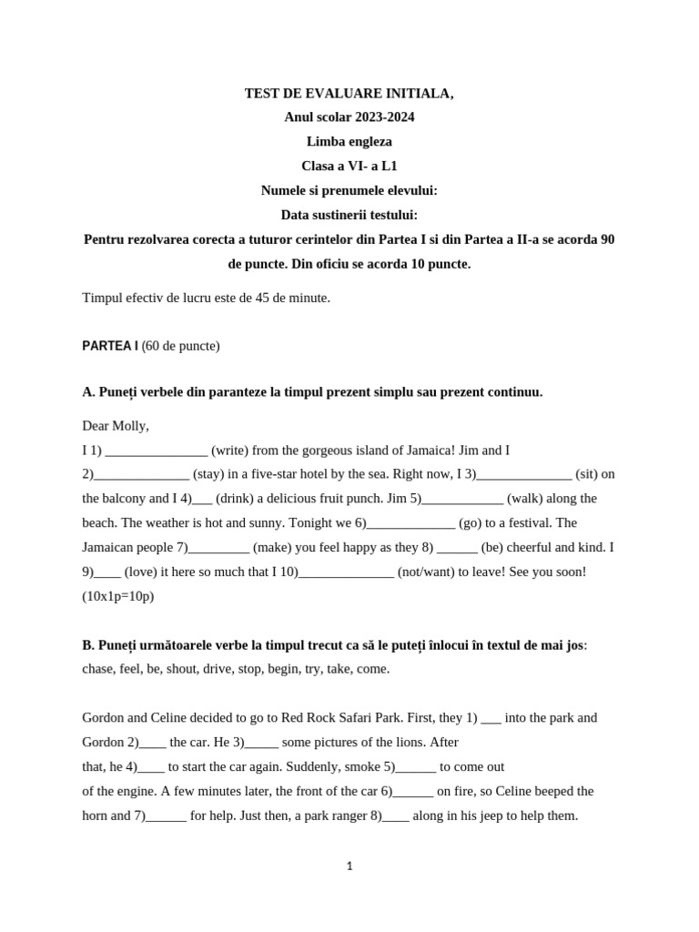 TEST DE EVALUARE INITIALA Cls. A VI-a | PDF