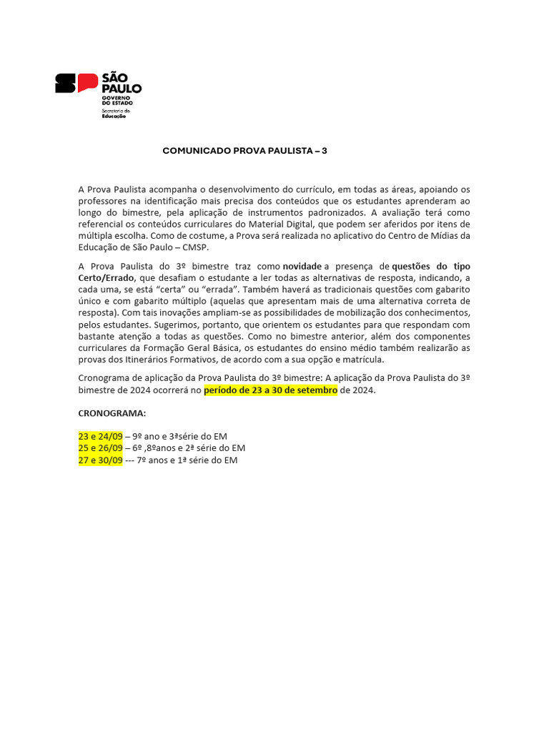 COMUNICADO PROVA PAULISTA 3 BIMESTRE Responsáveis | PDF
