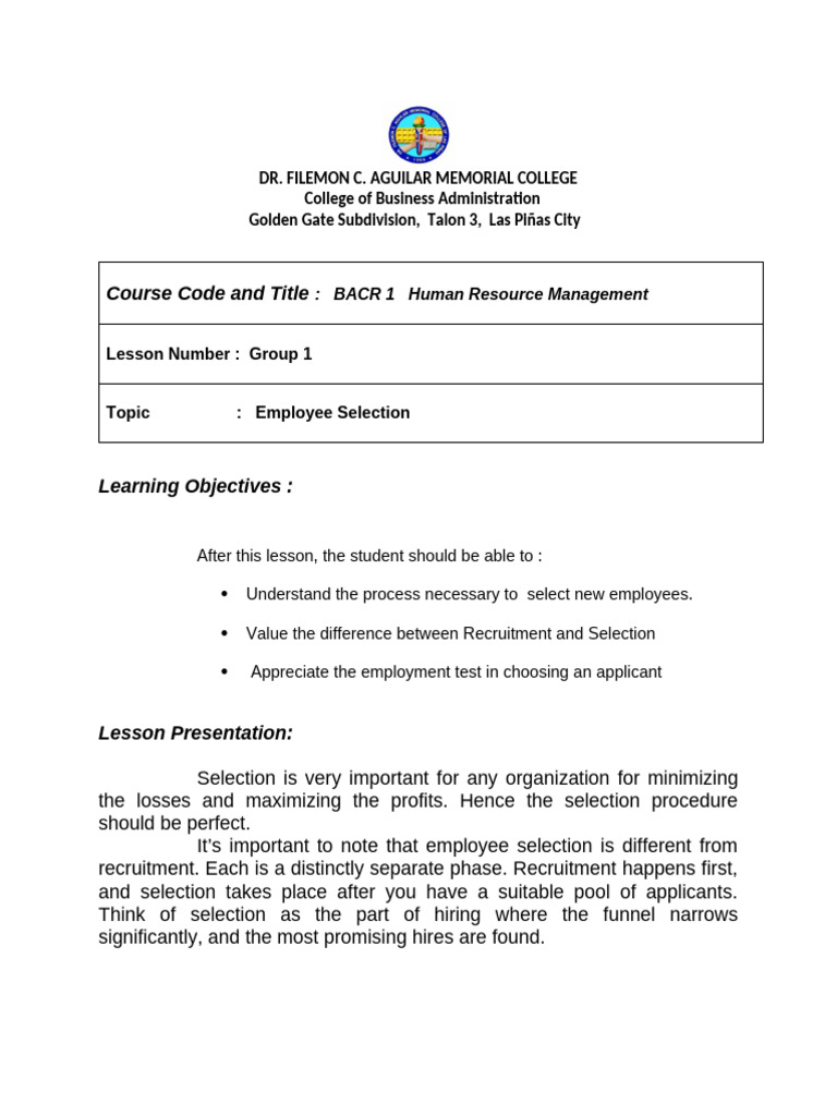 Group 1 Employee Selection | PDF | Recruitment | Employment Group 1 Employee Selection | PDF | Recruitment | Employment