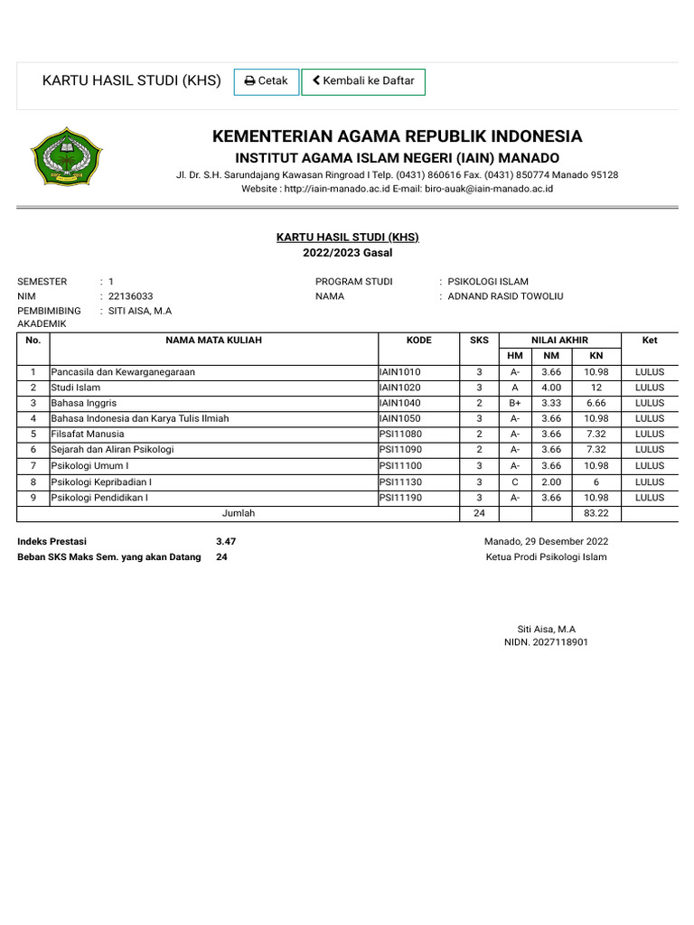 Kartu Hasil Studi (KHS) | PDF