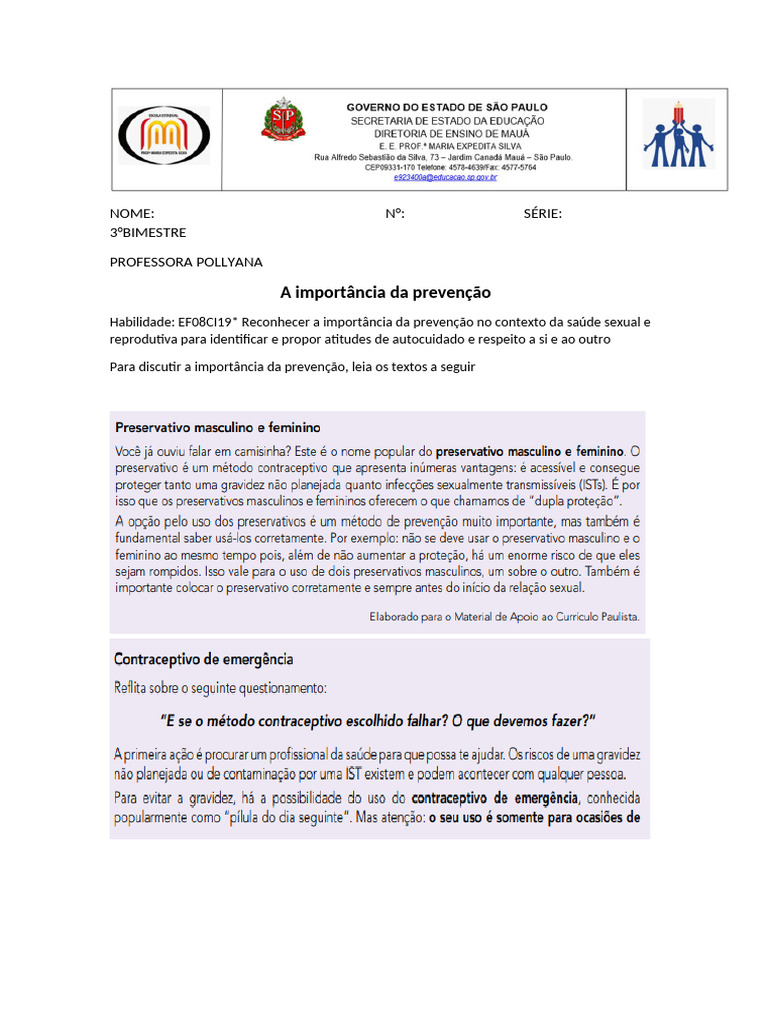 A Importância Da Prevenção 3°bimestre 8e Pdf