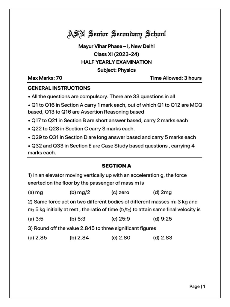 Physics Class 11 Half Yearly (2023-24) - 1 | PDF