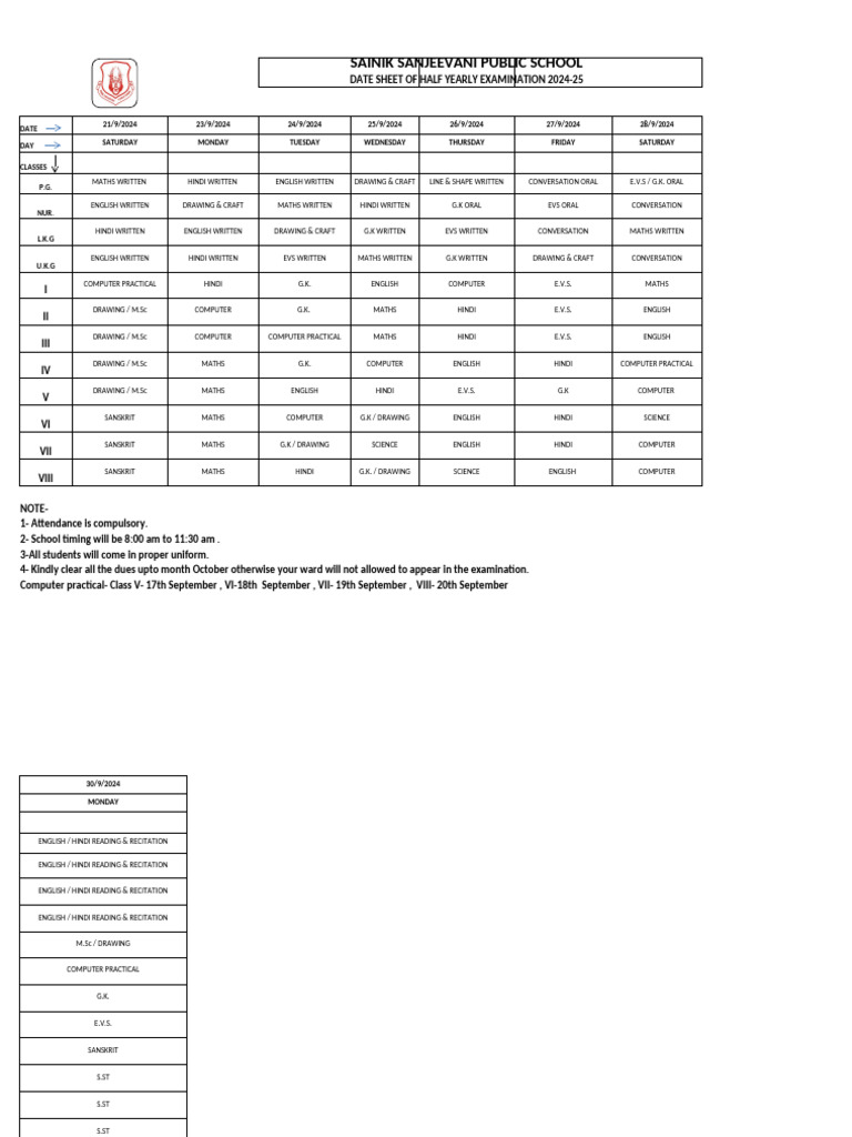 Date Sheet PG To 8 Half Yearly 2024-25 | PDF