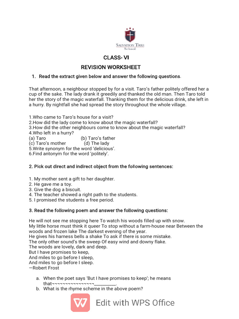 Class 6 Revision Worksheet | PDF