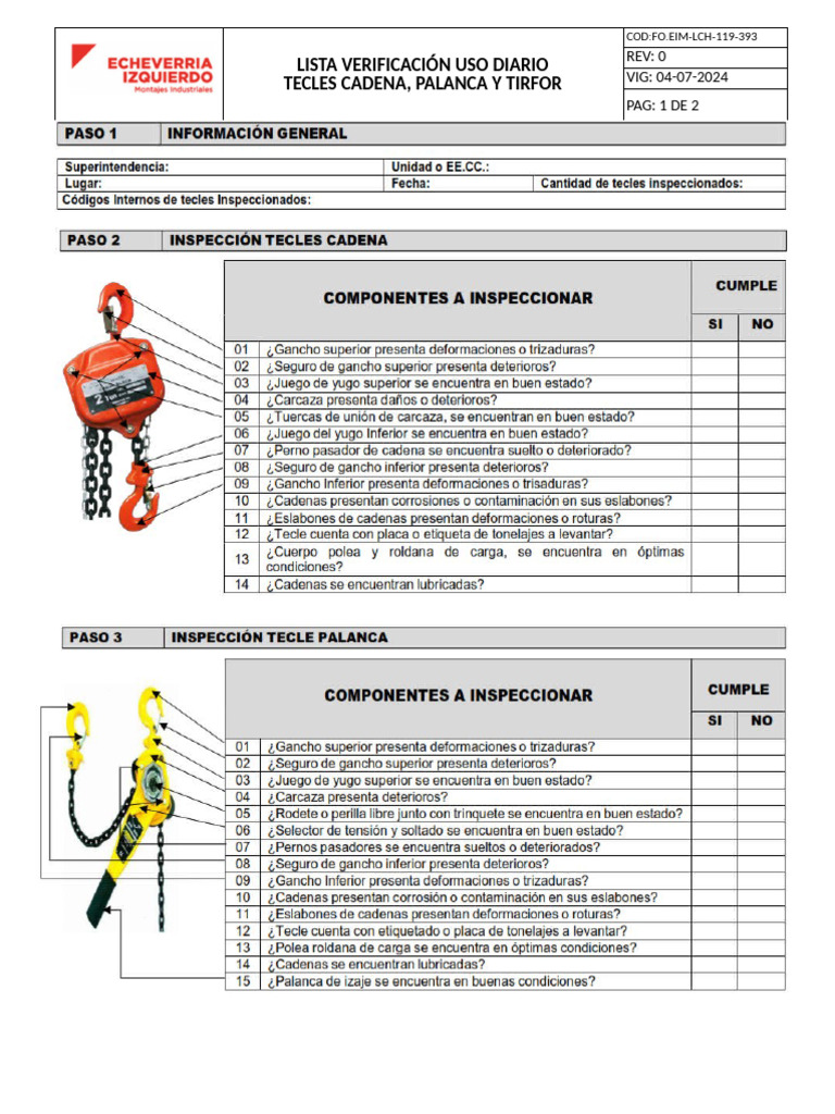 Fo - Eim-Lch-119-393 Lista Verificación Uso Diario Tecles Cadena, Palanca y Tirfor | PDF