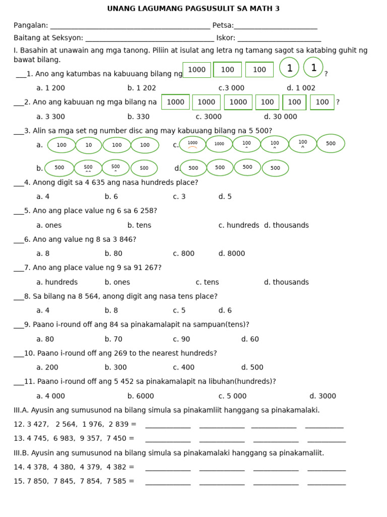 UNANG LAGUMANG PAGSUSULIT SA MATH 3 | PDF
