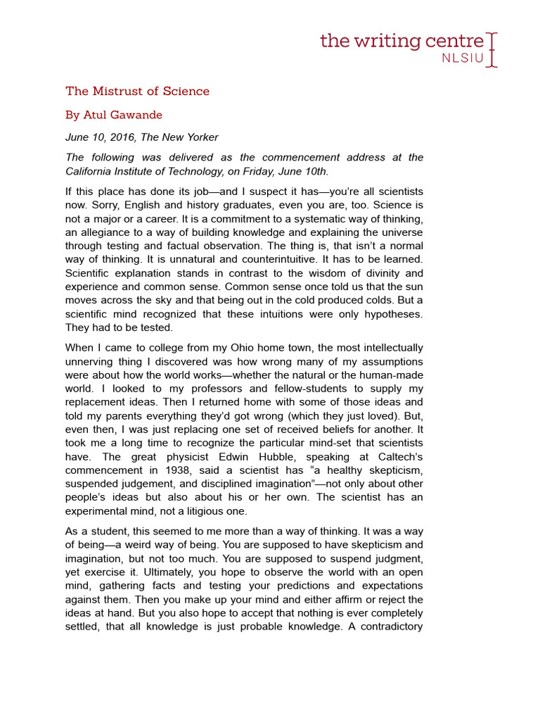 The Mistrust of Science - Atul G | PDF