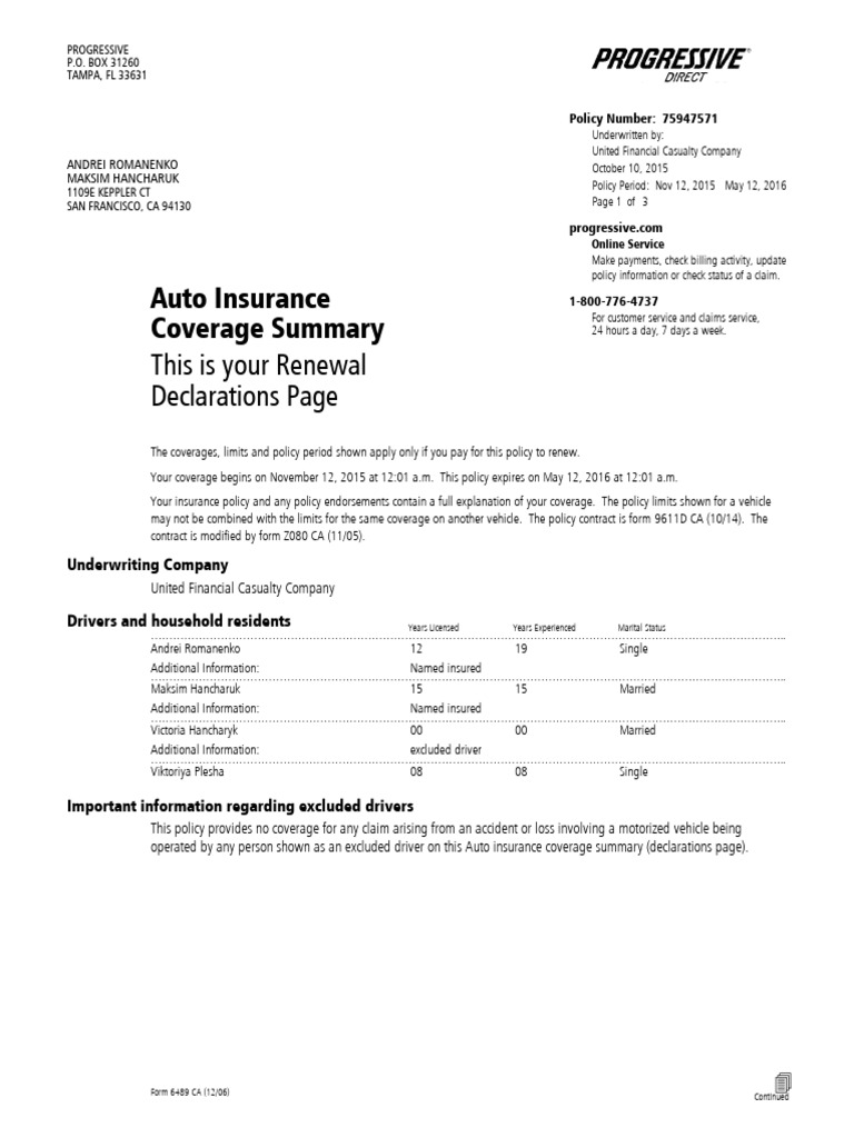 Progressive Auto Insurance Declarations Page | PDF | Vehicle Insurance ...