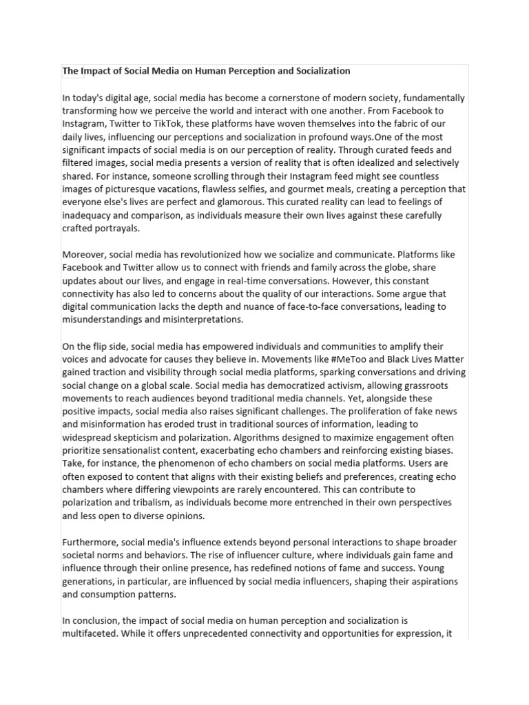 The Impact of Social Media On Human Perception and Socialization | PDF ...