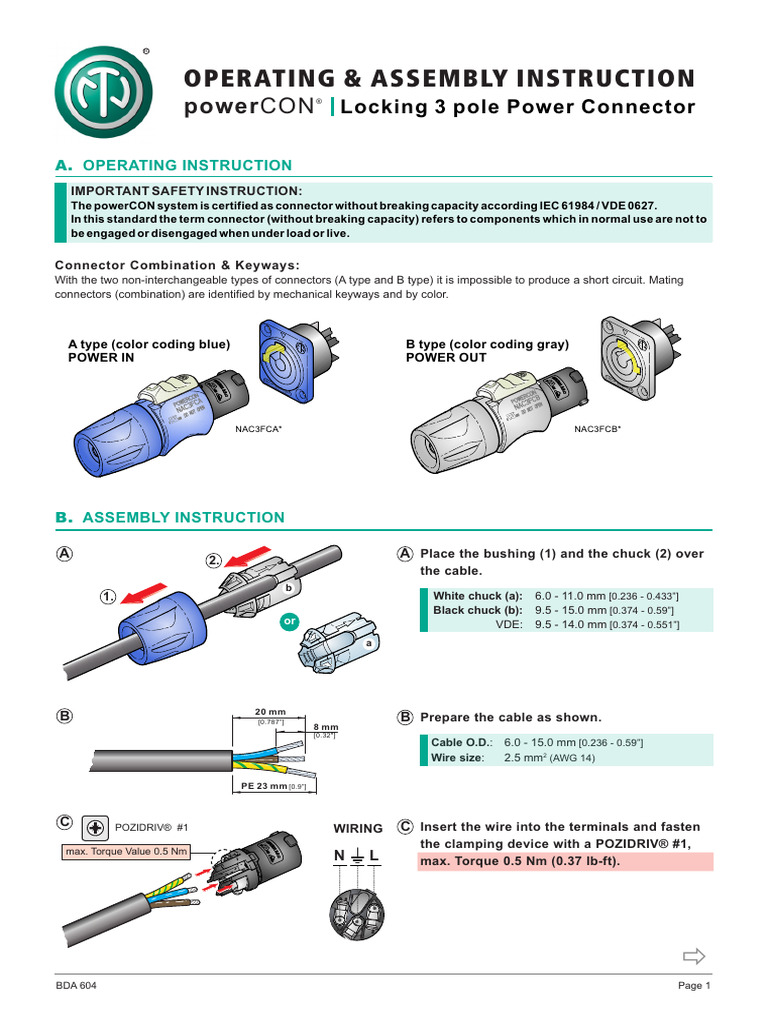 Assembly Instruction powerCON Cable Connectors | PDF