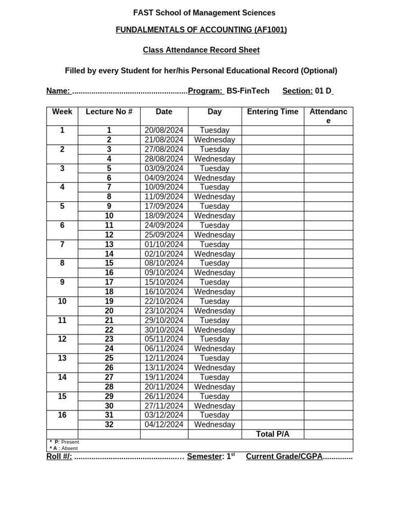 Class Attendance Record Sheet | PDF