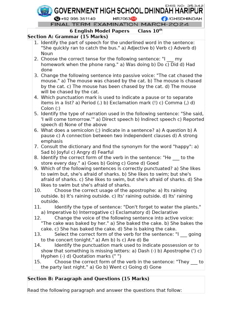 6 English Model PapersClass 10th | PDF