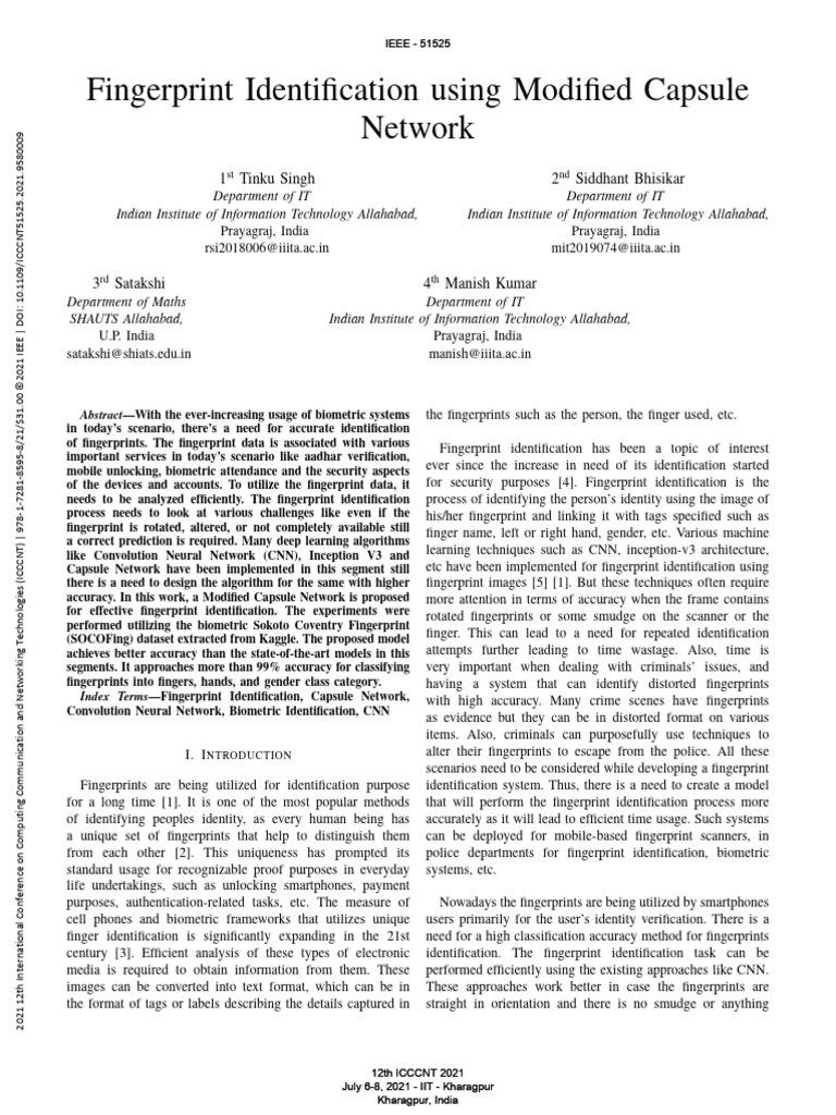Fingerprint Identification Using Modified Capsule Network | PDF