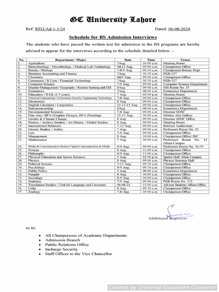 Schedule BS Admission Interviews Regular | PDF