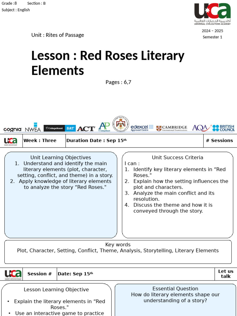 LESSON PLAN 8th Grade Literary Elements | PDF