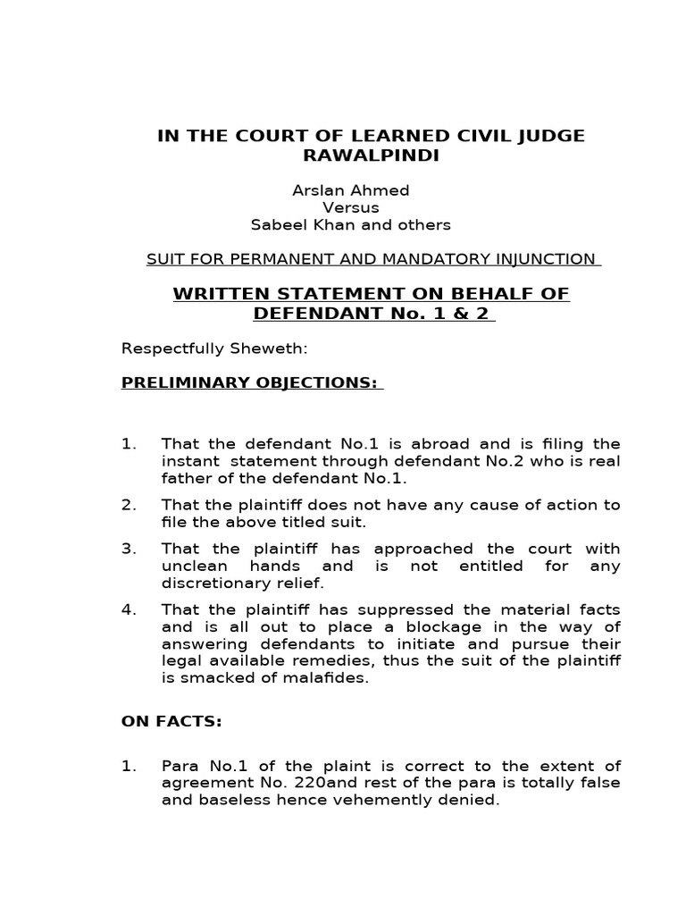Written Statement of Suit For Permanent Injunction | PDF | Lawsuit ...