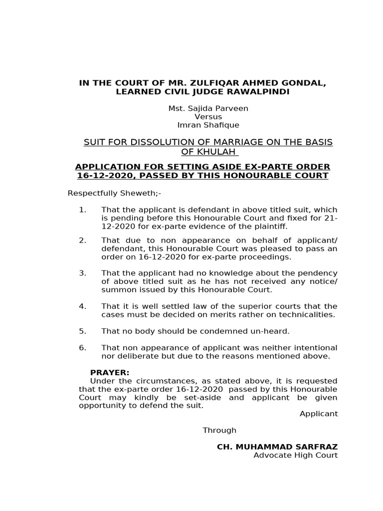 Application For Setting Aside Ex Parte Order In Suit Pdf