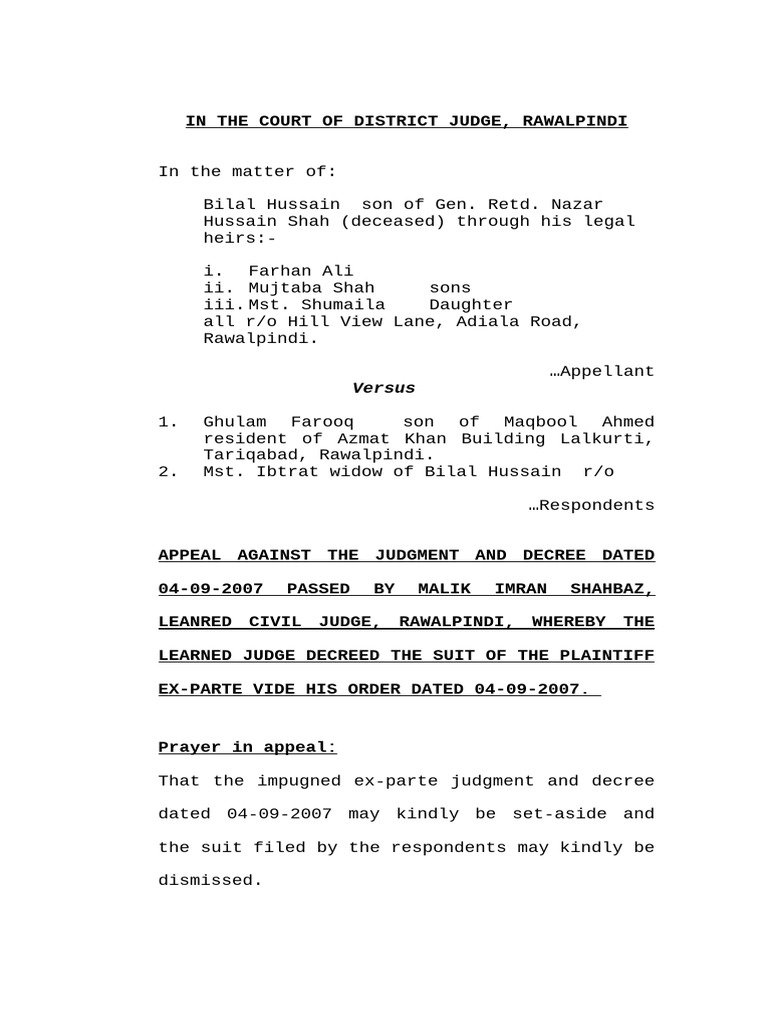 Civil Appeal Against Ex-Parte Judgment and Decree | PDF