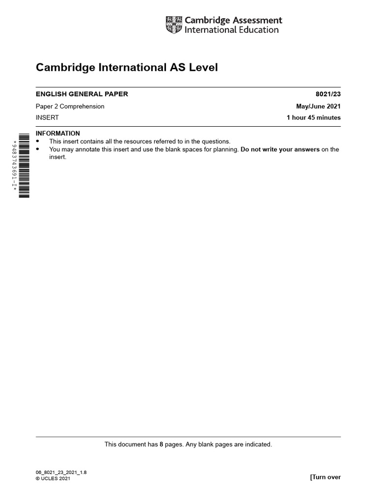 Cambridge International AS Level: 8021/23 English General Paper | PDF