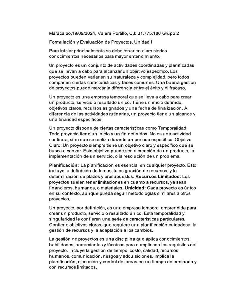 Valeria Portillo, Formulación y Evaluación de Proyectos, Grupo 2 | PDF