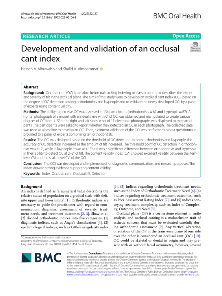 Development and Validation of An Occlusal Cant Index: Research Article ...