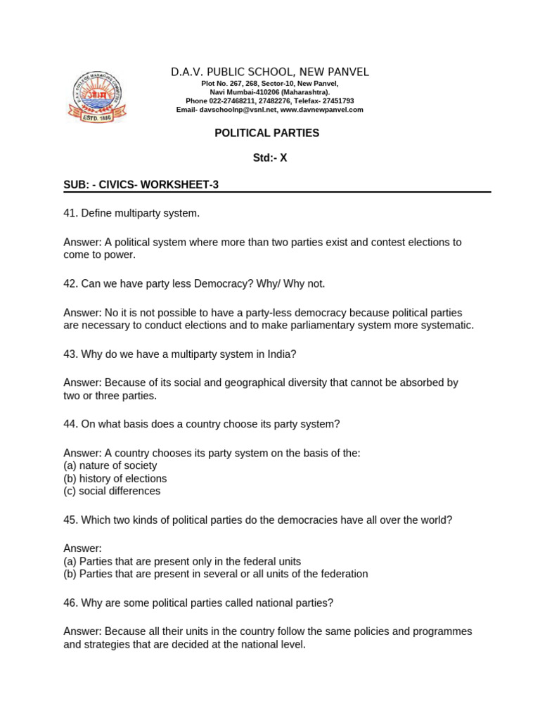 Political Parties SA Worksheet 3 | PDF