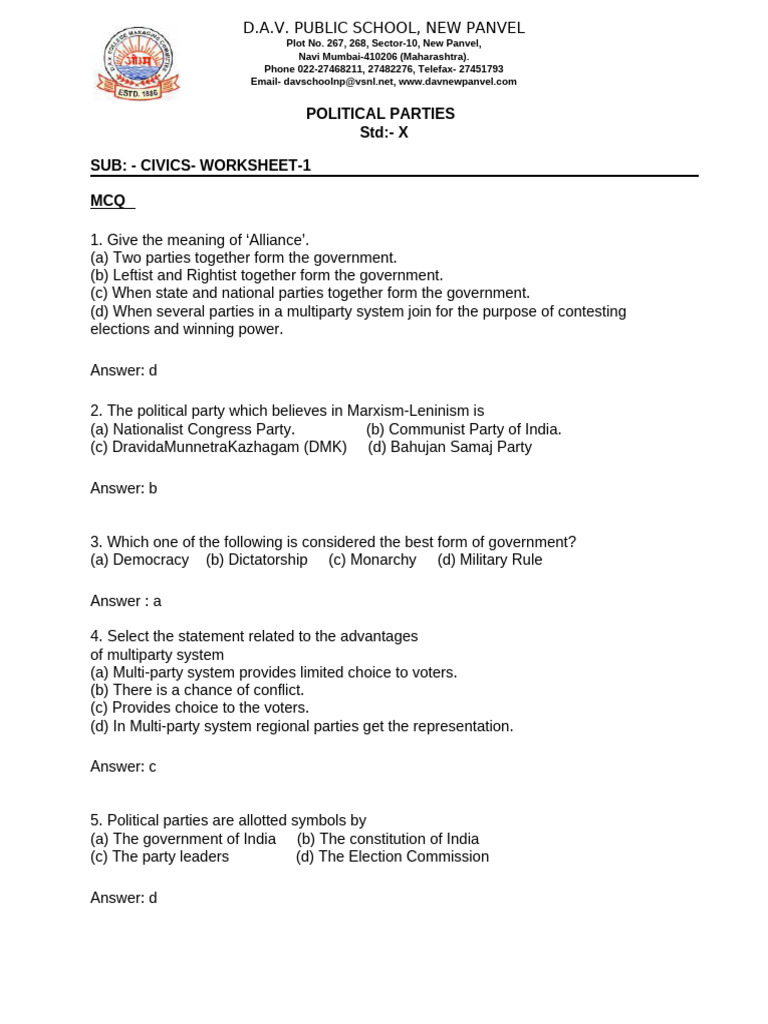 Political Parties-MCQ Worksheet-1 | PDF