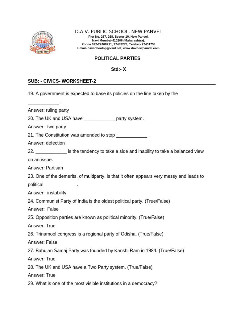 Political Parties Obj Worksheet 2 | PDF