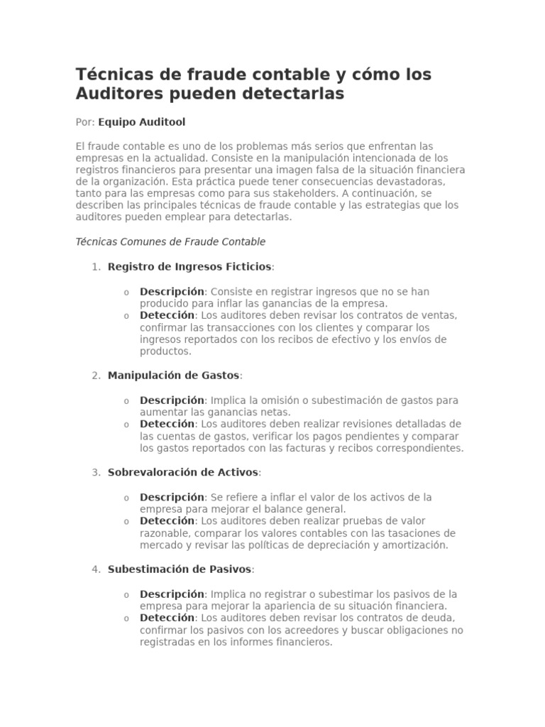 Técnicas de Fraude Contable y Cómo Los Auditores Pueden Detectarlas | PDF