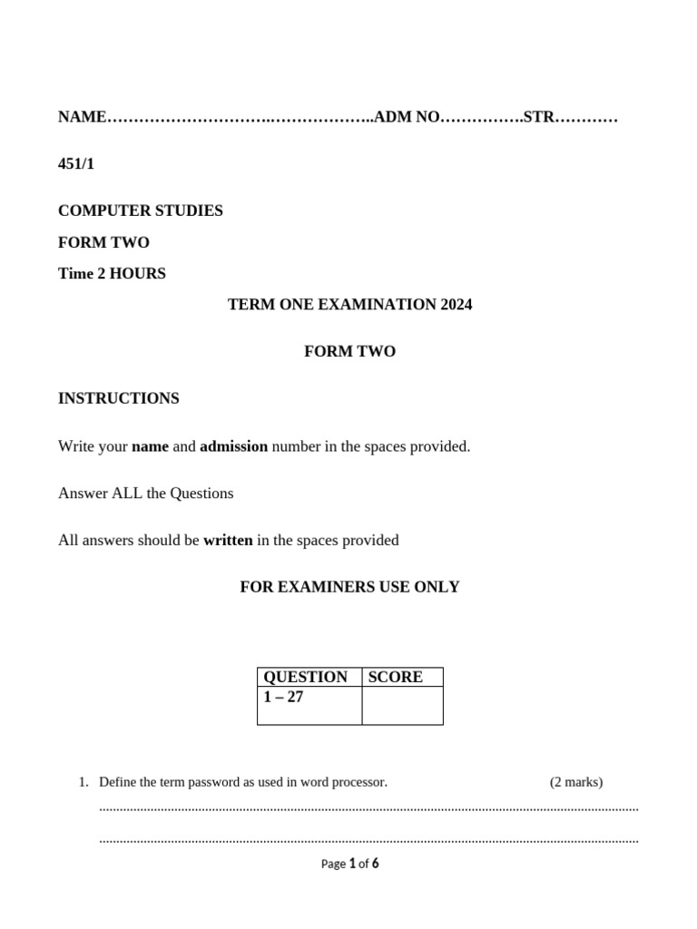 Form 2 Computer Studies Question Paper End T1 2024 Teacher - Co - .Ke | PDF