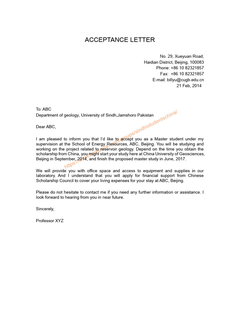 12-Sample for Acceptance Letter | PDF