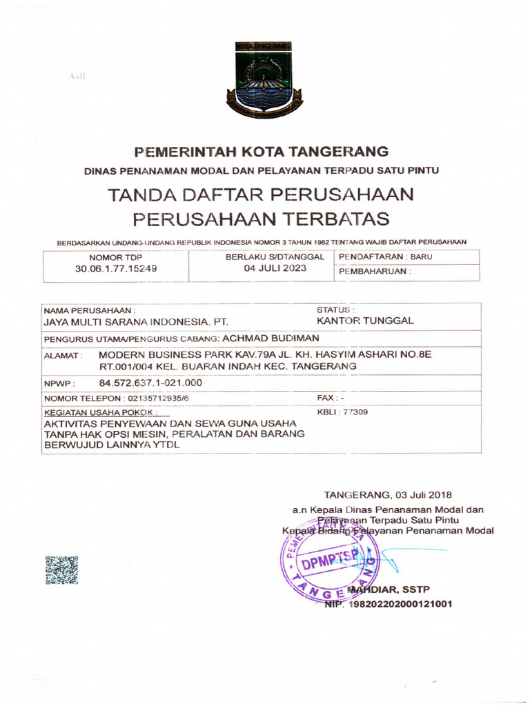 Tanda Daftar Perusahaan JMSI 2018-2023 | PDF