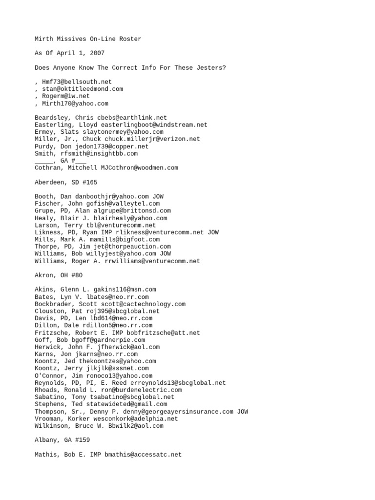April 1 2007 Mirth Missives Roster | PDF