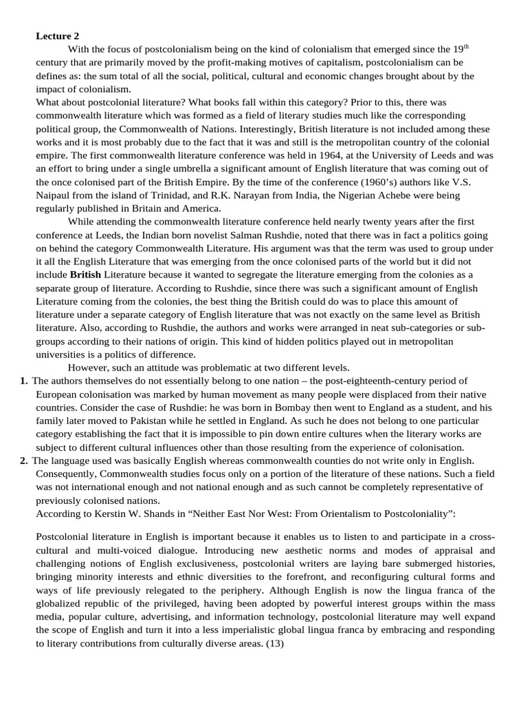 Lecture 2 Postcolonialism | PDF