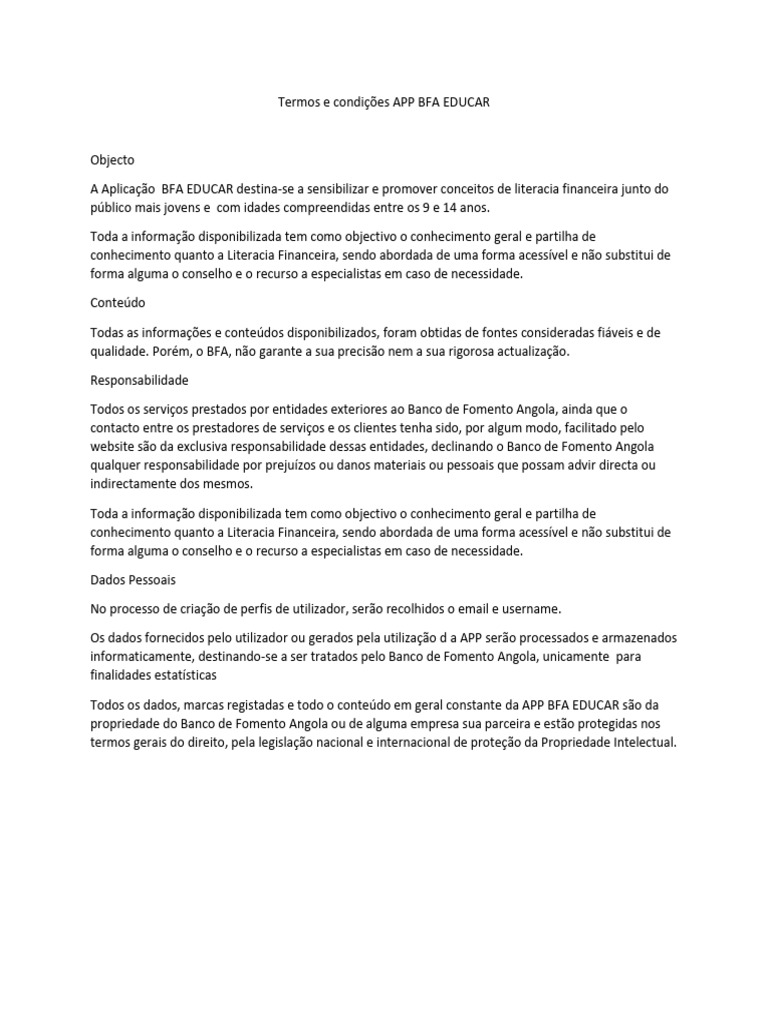 Termos e Condicoes App Bfa Educar | PDF
