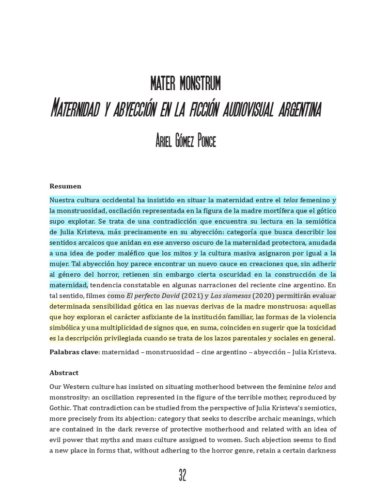 Maternidad y Abyeccion en La Ficción Audiovisual Argentina | PDF