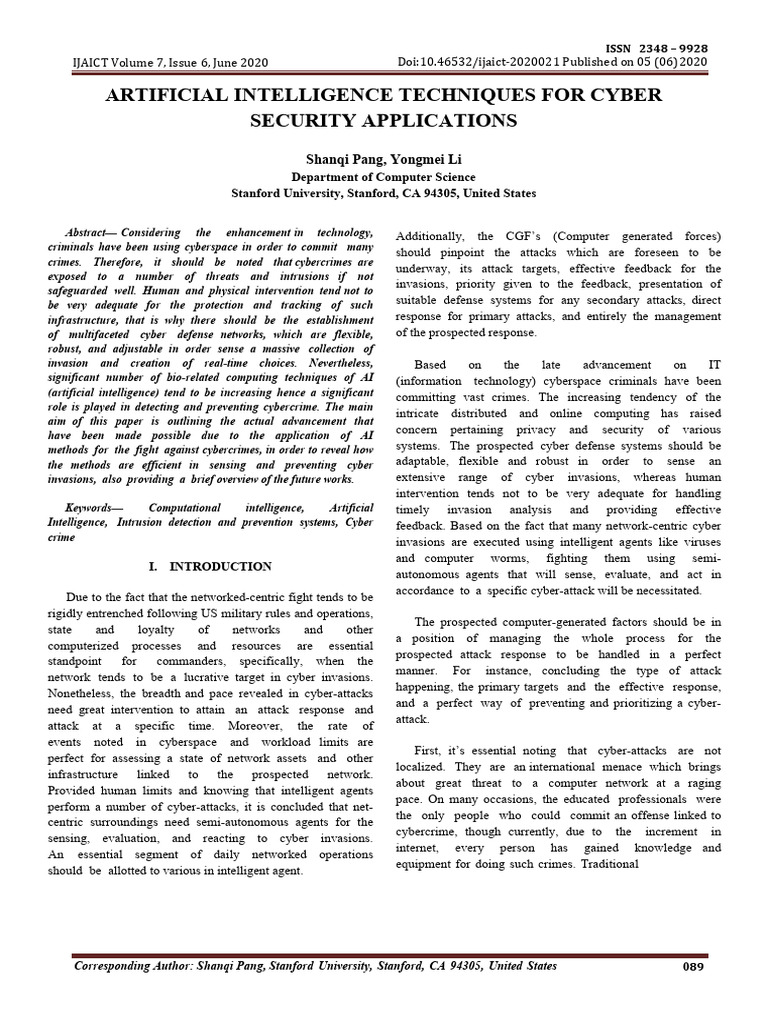 ARTIFICIAL INTELLIGENCE TECHNIQUES FOR CYBER SECURITY APPLICATIONS_ | PDF ARTIFICIAL INTELLIGENCE TECHNIQUES FOR CYBER SECURITY APPLICATIONS_ | PDF