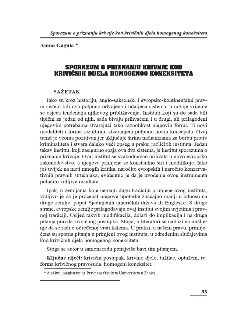 Amna Gagula : Sporazum O Priznanju Krivnje Kod Krivi Nih Dijela Homogenog Koneksiteta | PDF