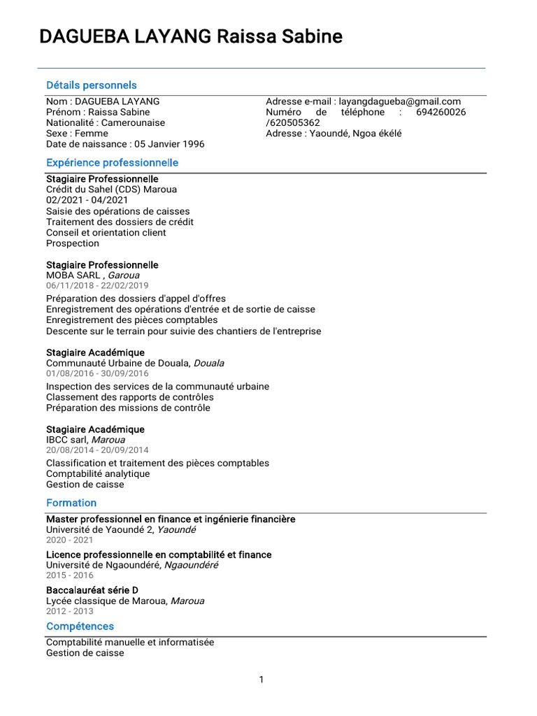 CV - Dagueba Layang Raïssa | PDF