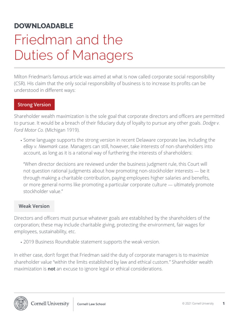 Law532 - Tool Friedman Duties of Managers | PDF