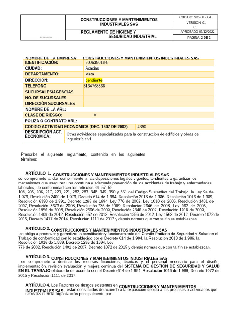 SIG-OT-004 Reglamento de Higiene y Seguridad Industrial - PENDIENTE | PDF
