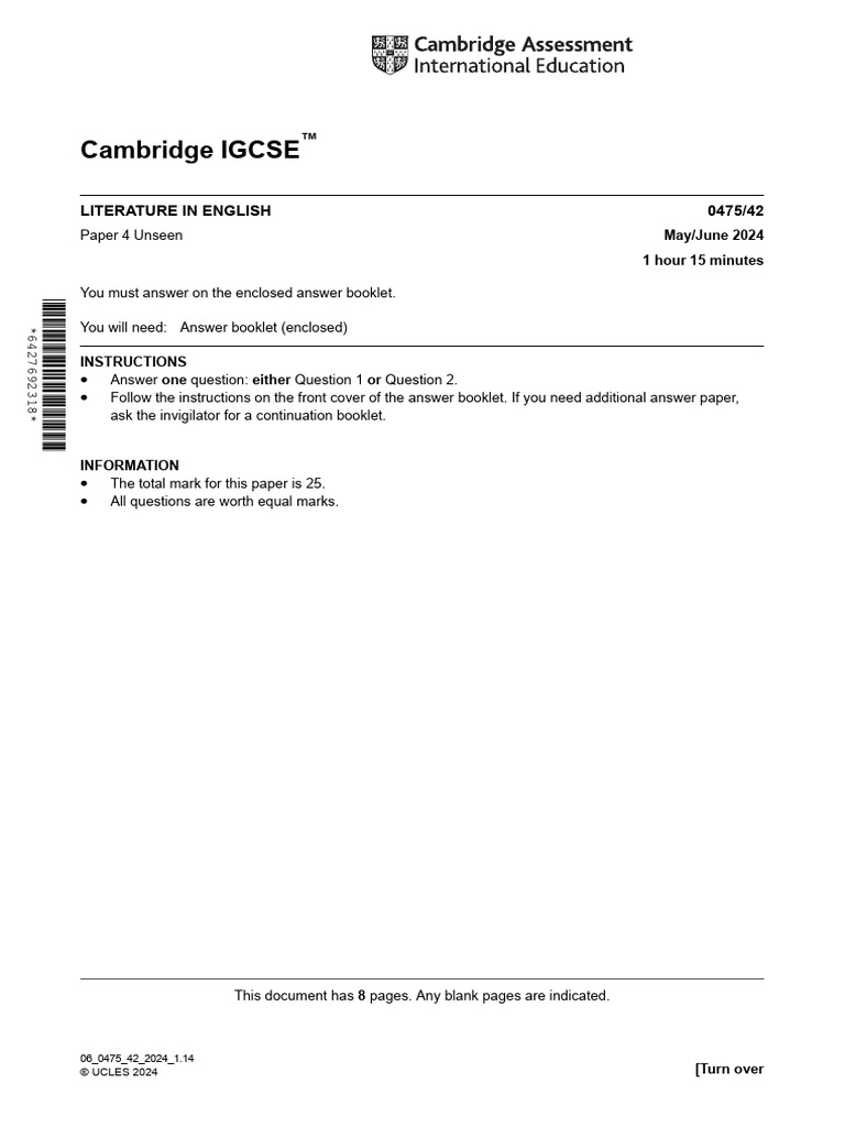 Cambridge IGCSE: 0475/42 Literature in English | PDF