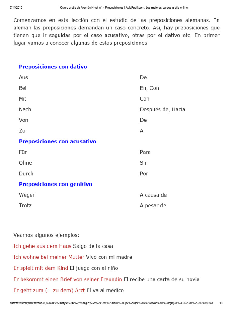 Curso Gratis de Alemán Nivel A1 - Preposiciones - AulaFacil | PDF