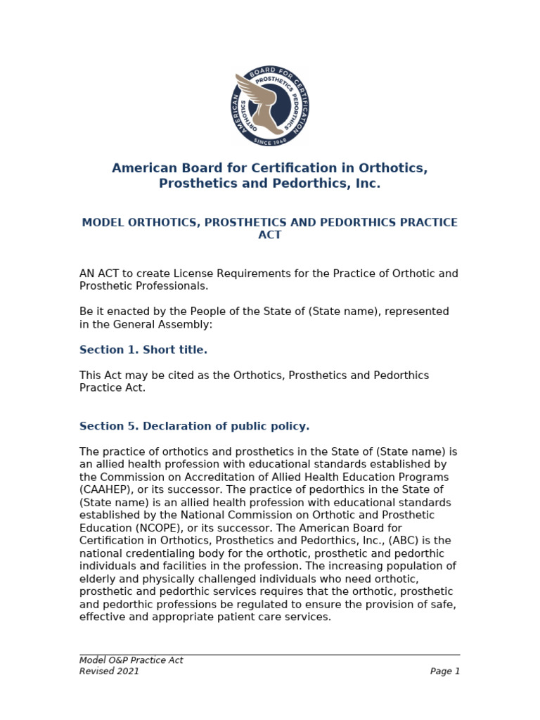 ABC Model Orthotics Prosthetics and Pedorthics Practice Act.v2021 | PDF